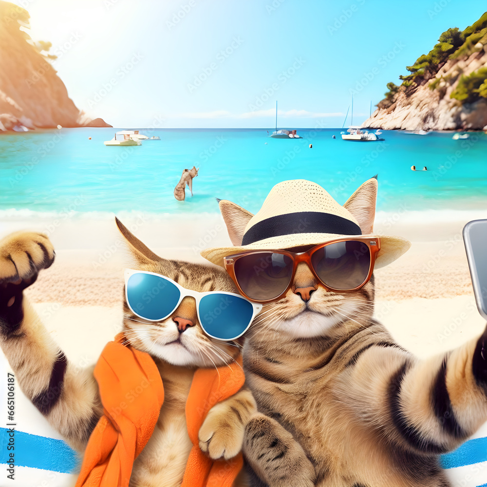 Beach vacation cats with glasses taking a selfie and resting on the sand, under umbrela with a ...