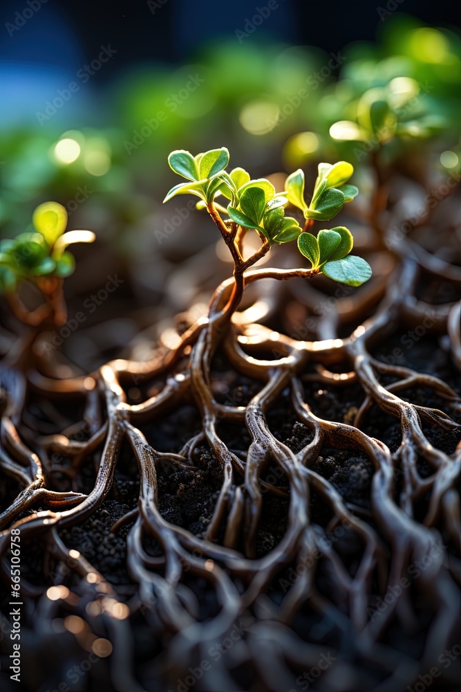 Sprout growing from soil. Dark forest with fog and tree roots ...