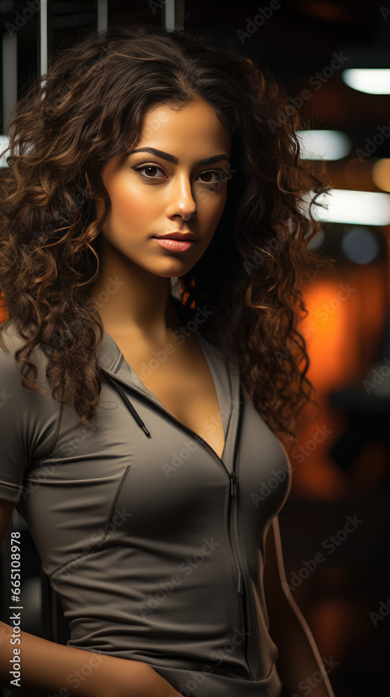Confident young woman with voluminous curly hair in sleek gym attire ...