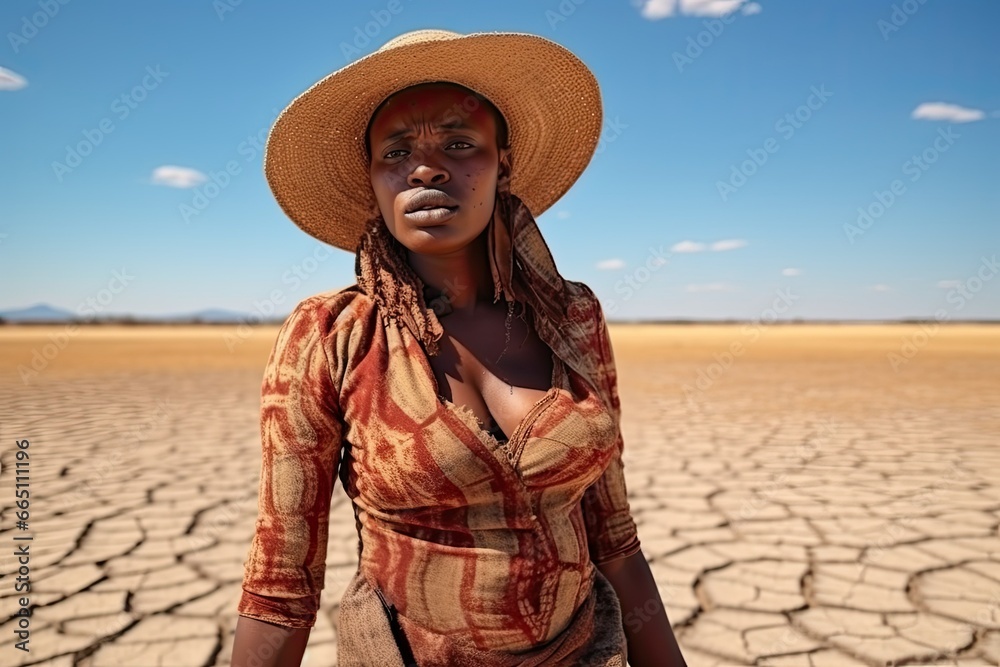 African woman in traditional clothing stands against the backdrop of a ...