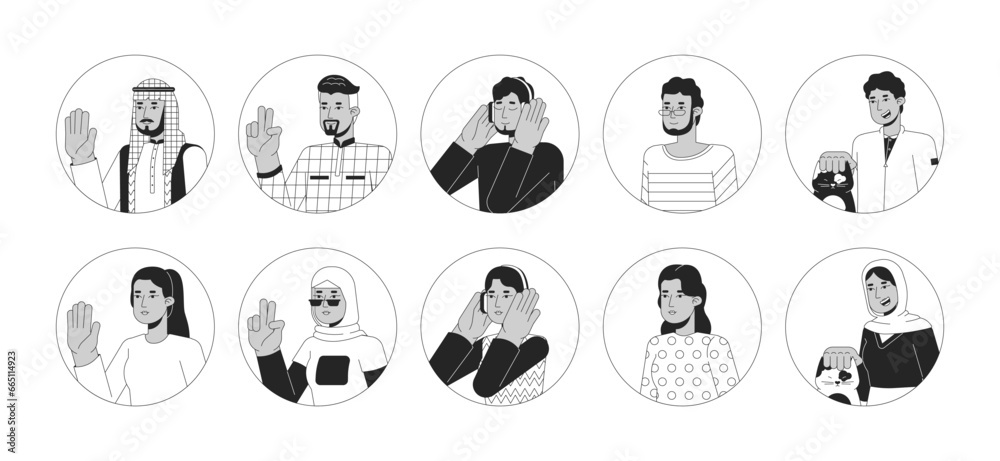 Arabian middle eastern black and white 2D vector avatars illustration ...