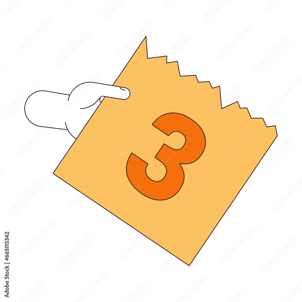 Tear-off calendar page day 3 linear cartoon character hand illustration ...