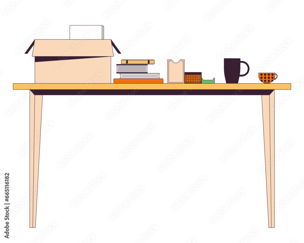 Personal belongings on table 2D linear cartoon object. Packing box with ...