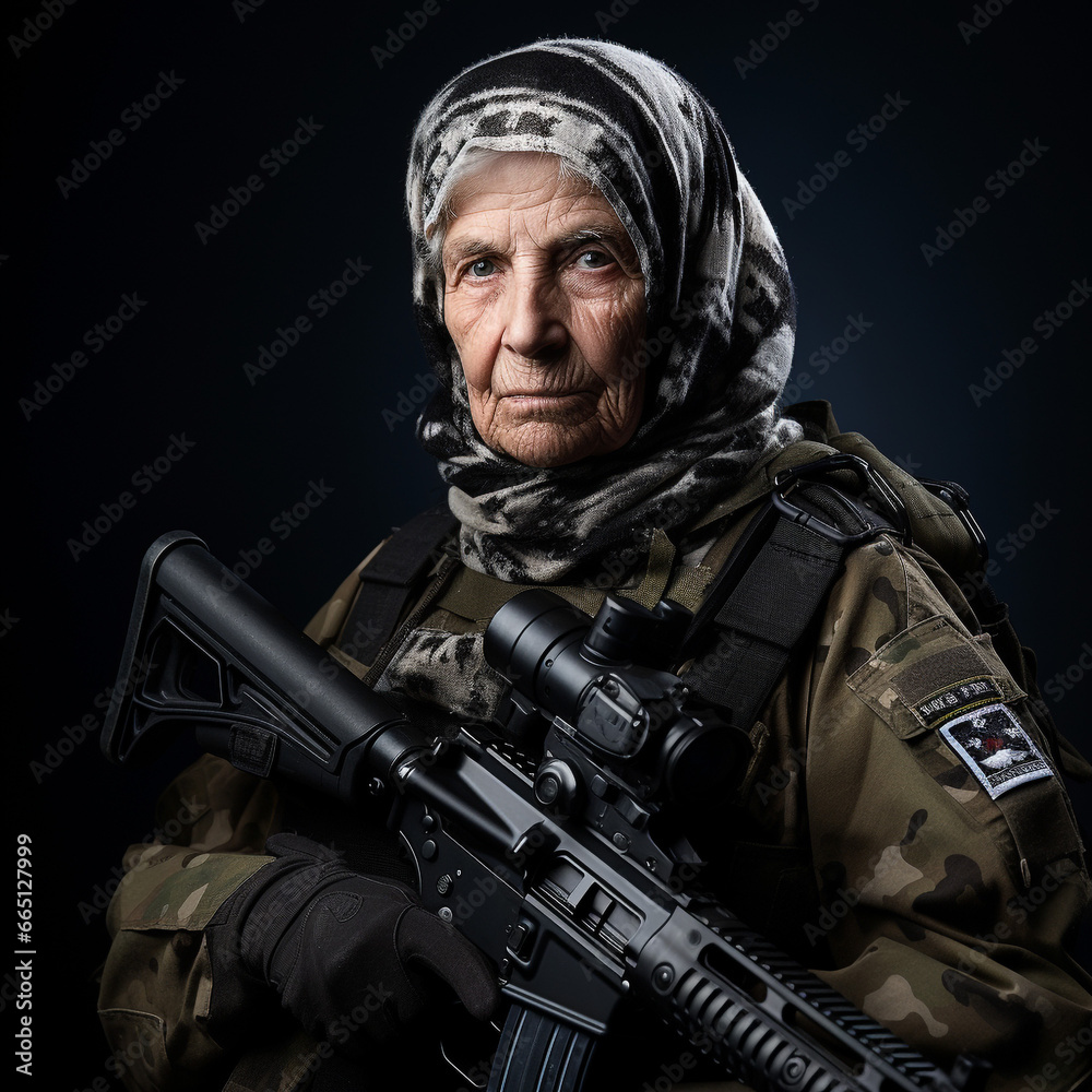 An old female soldier in a real battle in full armor. Black background ...