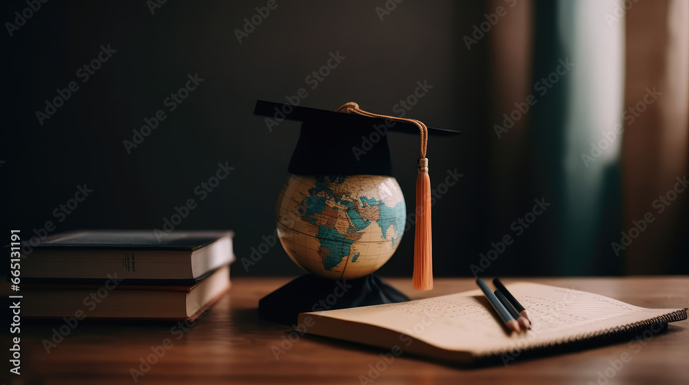 Concept of global business study abroad education. Graduation hat on ...
