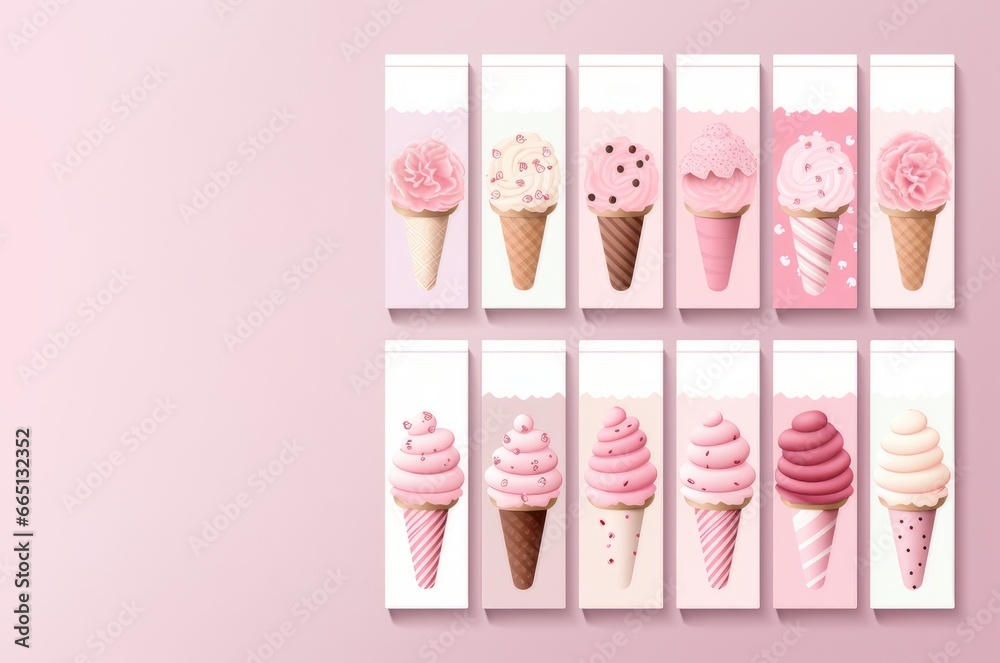 Pink ice cream cones tags, labels, cards collection. Copy space. AI ...