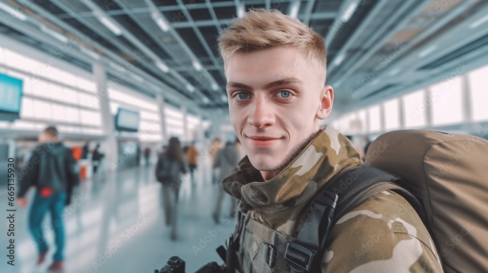 Young soldier, military, man with blonde hair and a backpack smiles in ...