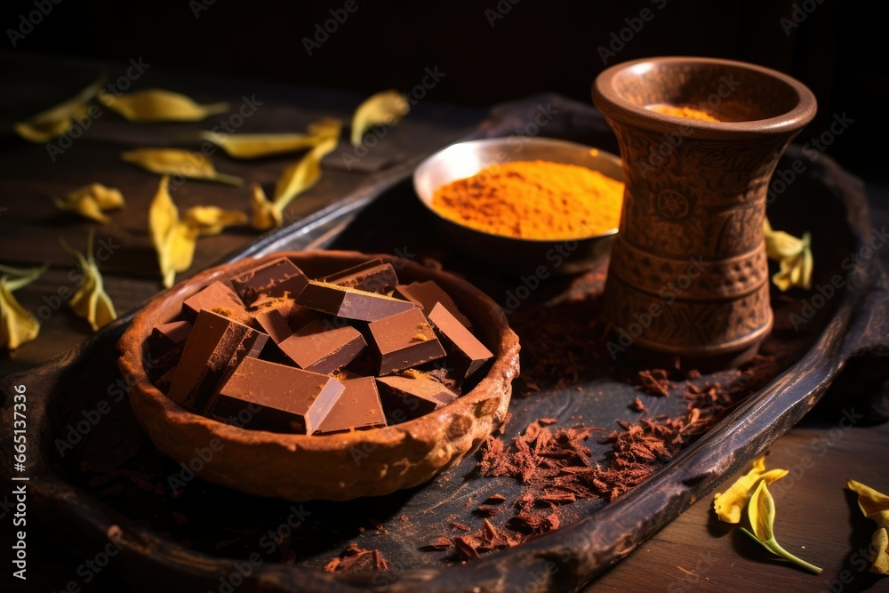 turmeric root dry powder with dark chocolate cocoa. yellow color root ...