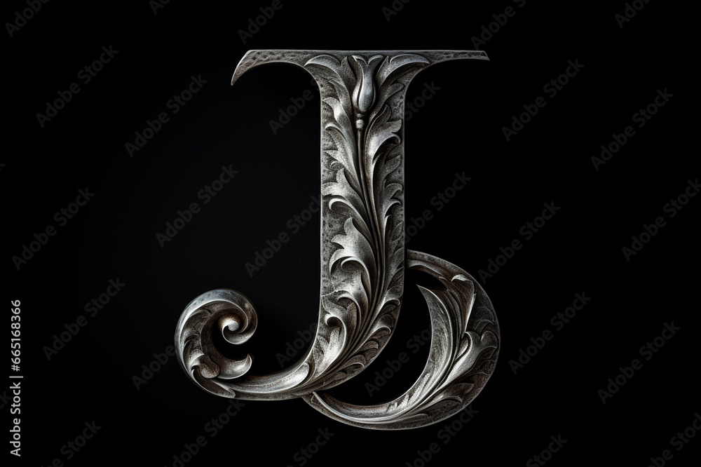 Old silver font design, alphabet letter J with metal texture and ...