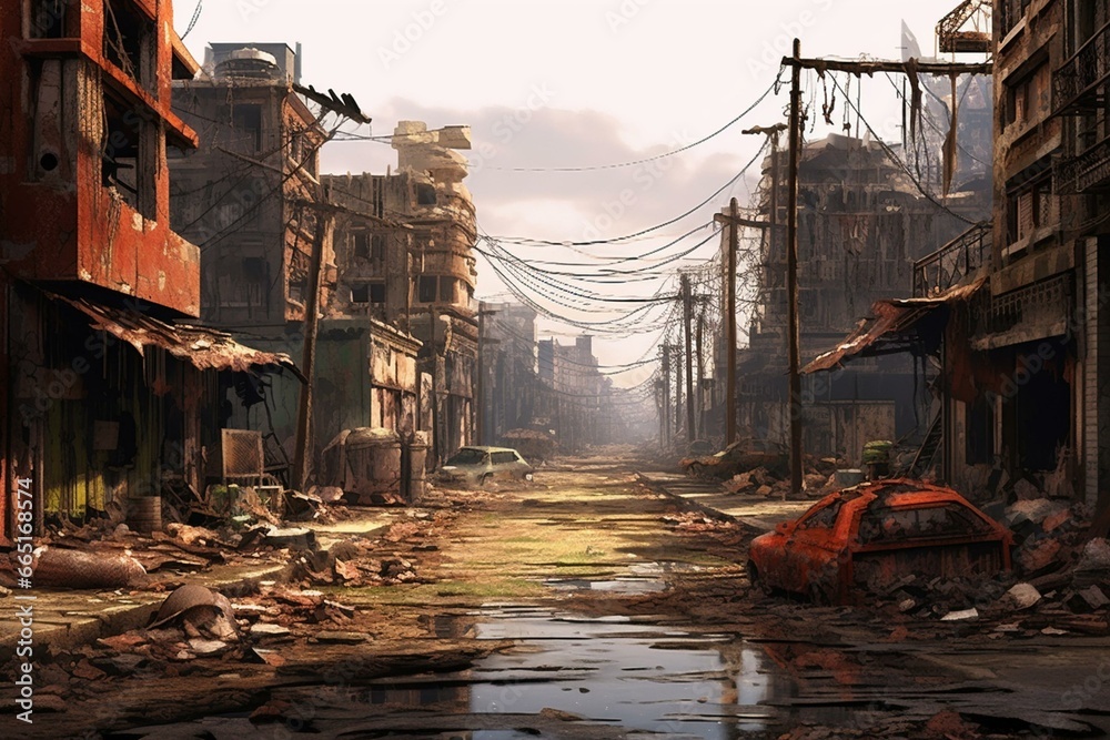 Desolate street with dilapidated buildings in a post-apocalyptic city ...