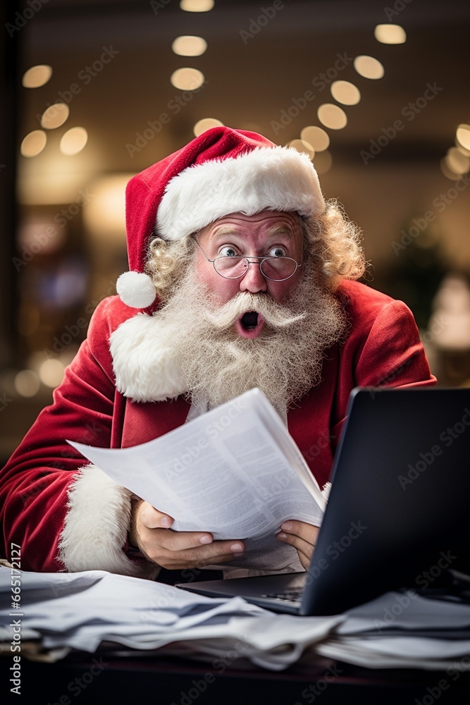 santa claus Overwhelmed at the Office Working with a Heap of Papers ...