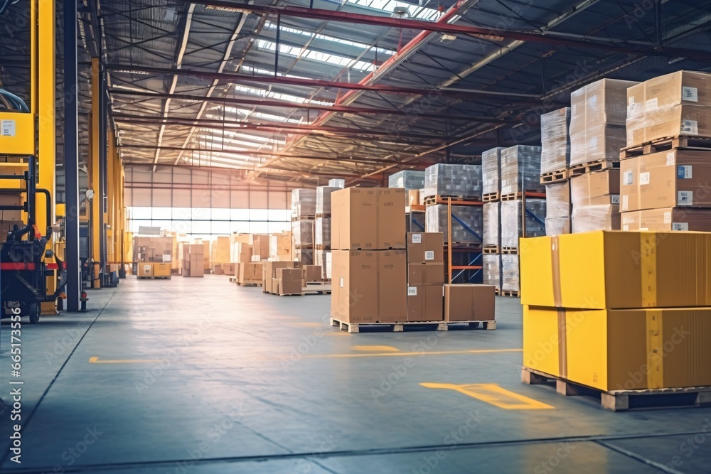 Warehouse interior with rows of cardboard boxes and shelves. Industrial ...