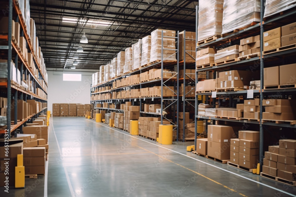 Warehouse interior with rows of cardboard boxes and shelves. Industrial ...