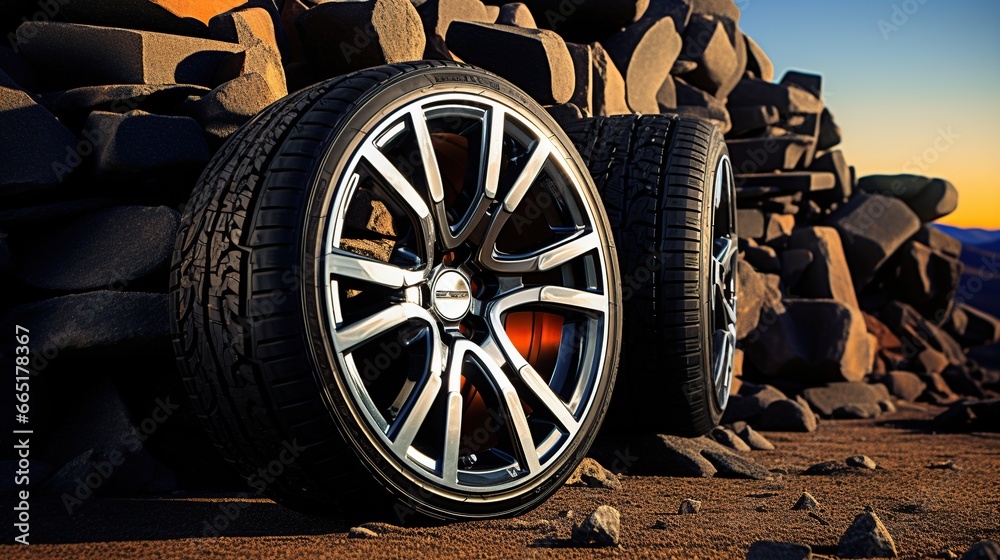 Car wheels with tire side view isolated on realistic background. AI ...