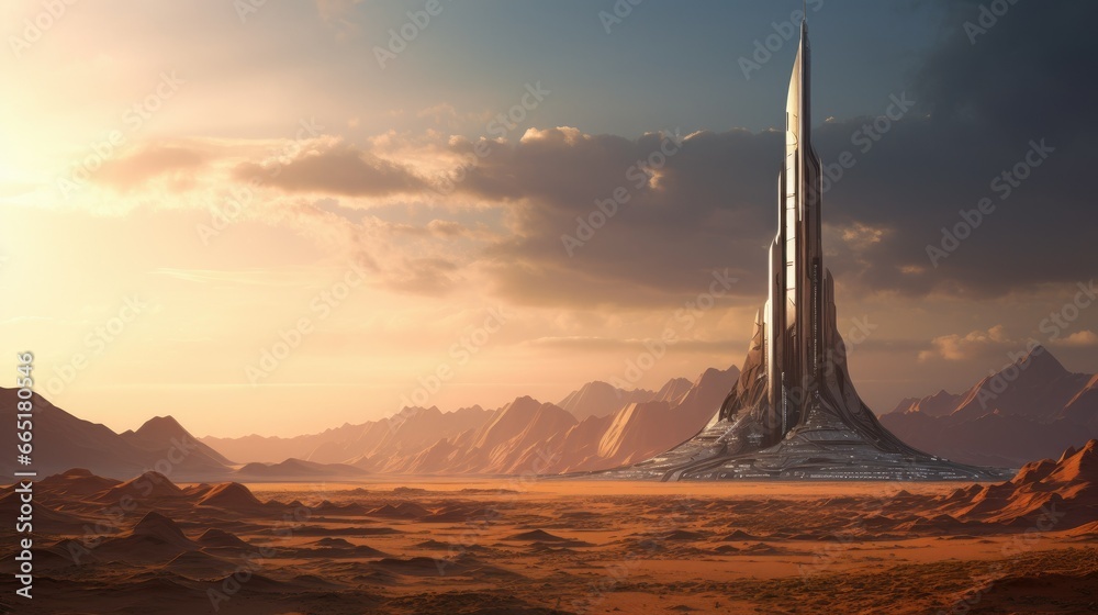 Futuristic desert tower with sleek curves, sharp edges, and metallic ...