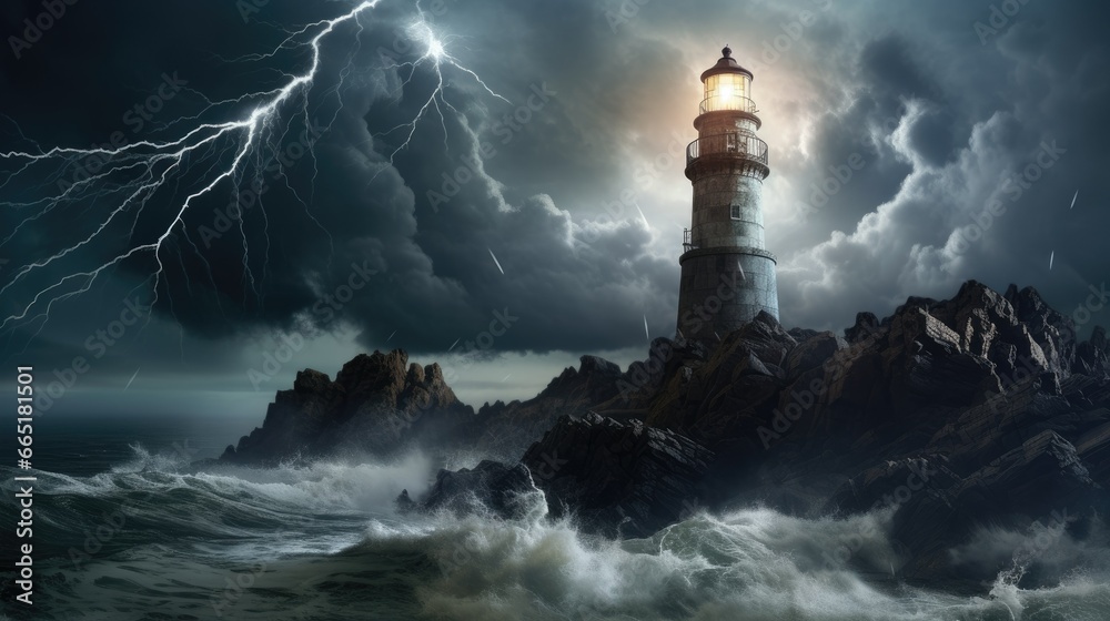 Dramatic coastal landscape with historic lighthouse, rugged cliffs ...