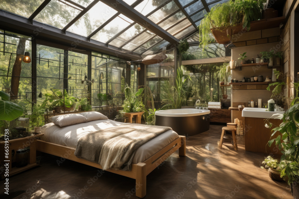 Luxury eco resort hotel apartment wit wooden bed, bath, spa and green ...
