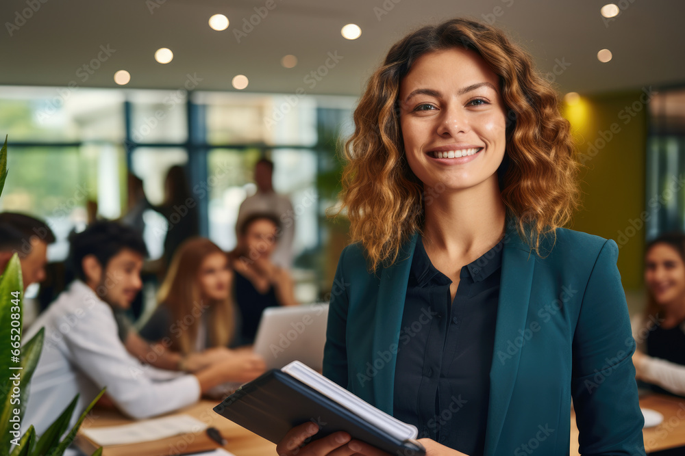 Woman stands in front of group of people, holding book. This image can ...