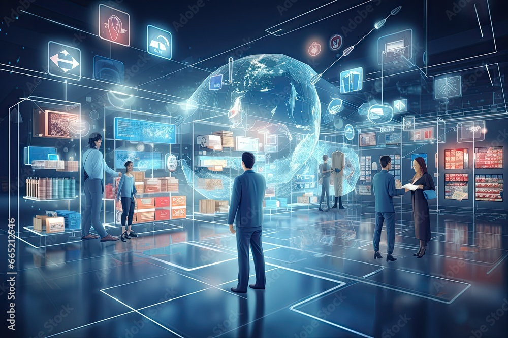 E-commerce Revolution, Back view of people in a shopping mall with ...