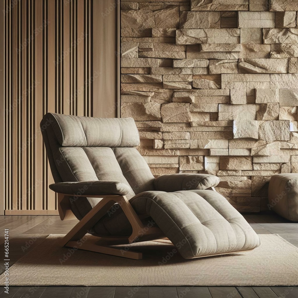 Beige fabric lounge recliner chair against stone cladding wall. Rustic ...