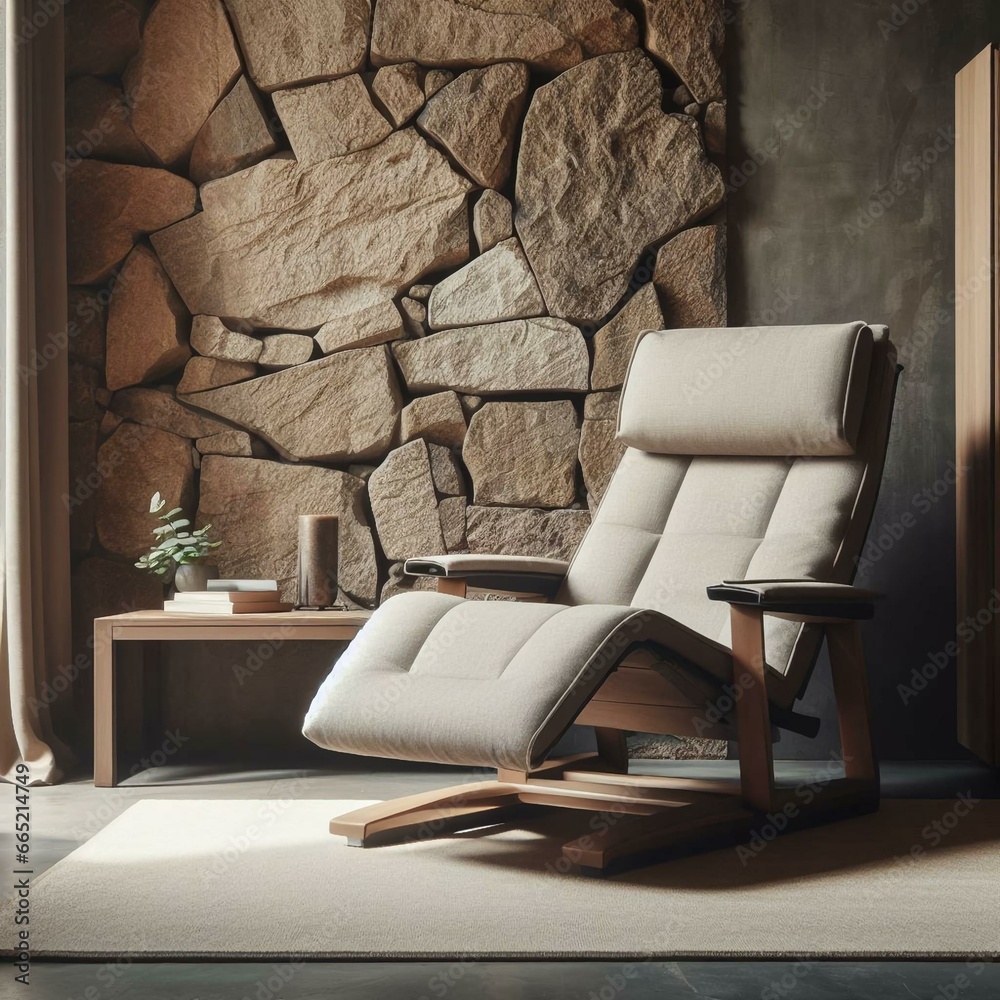 Beige fabric lounge recliner chair against stone cladding wall. Rustic ...