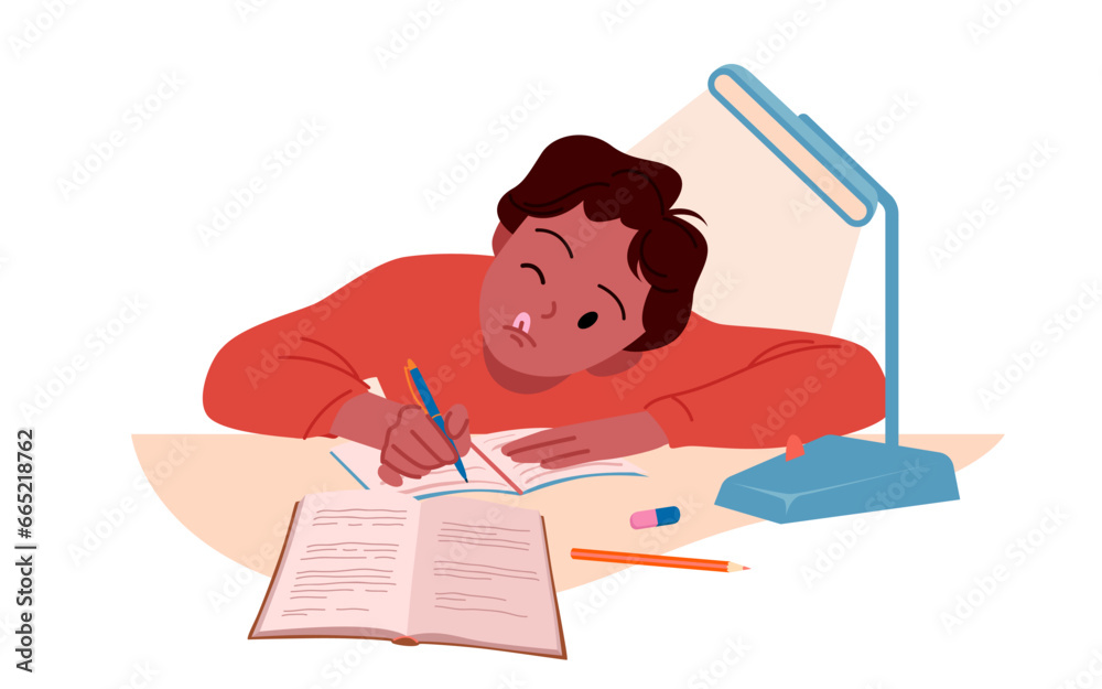 Tired child studying at table overtime vector illustration. Cartoon ...