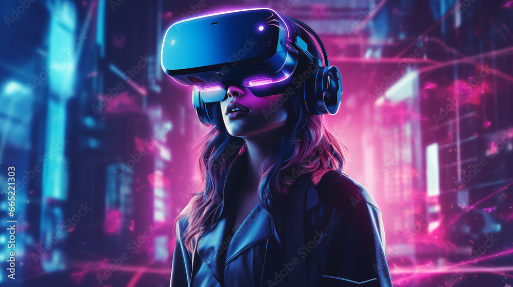 A girl wearing a VR headset in a retro 80's cyber punk themed setting ...
