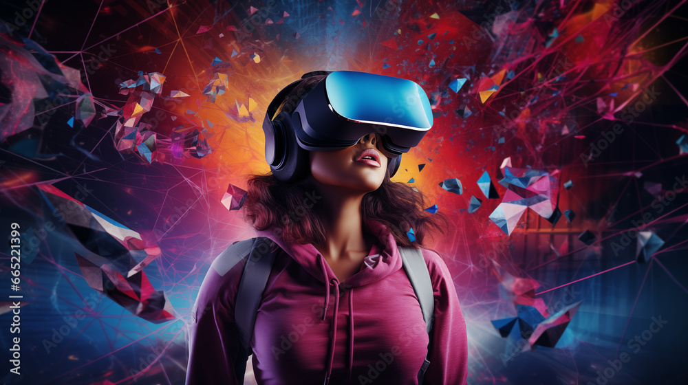 A girl wearing a VR headset in a mesmerizing digital background, lost ...