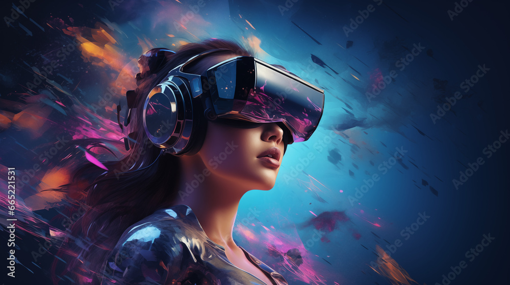 A girl wearing a VR headset in a mesmerizing digital background, lost ...