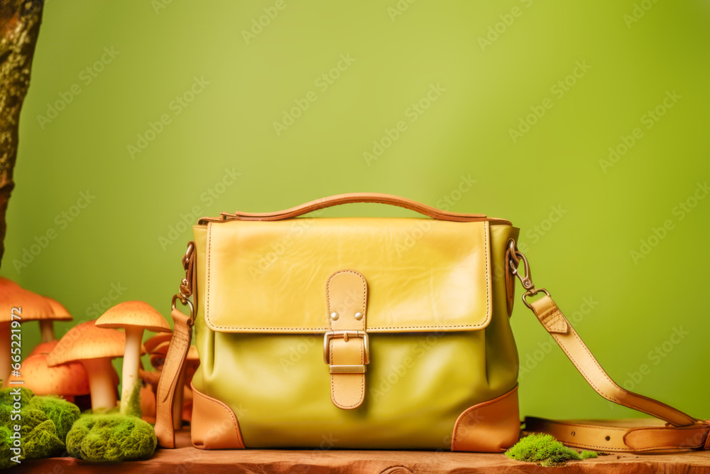 Plant based material bag and mushrooms on wooden podium on green ...