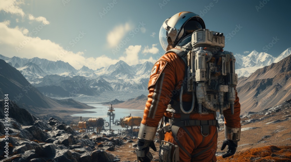 Back view of astronaut wearing space suit walking on a surface of a red ...