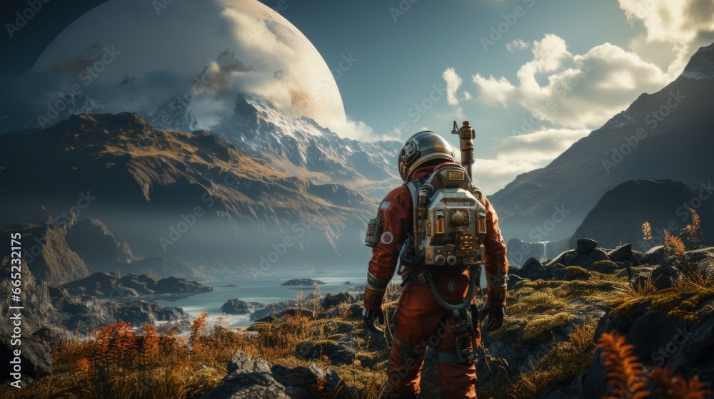 Back view of astronaut wearing space suit walking on a surface of a red ...