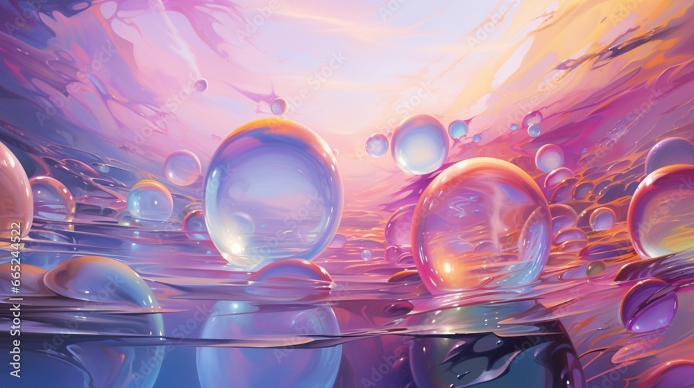Craft a 3D abstract space where translucent orbs float in a sea of ...