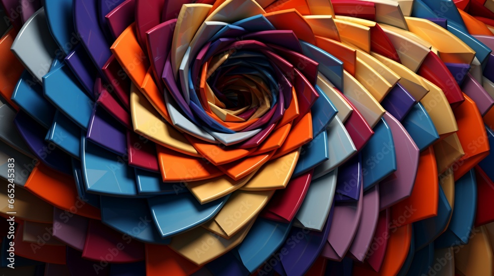 Create a vibrant 3D arrangement of abstract geometric shapes in a riot ...