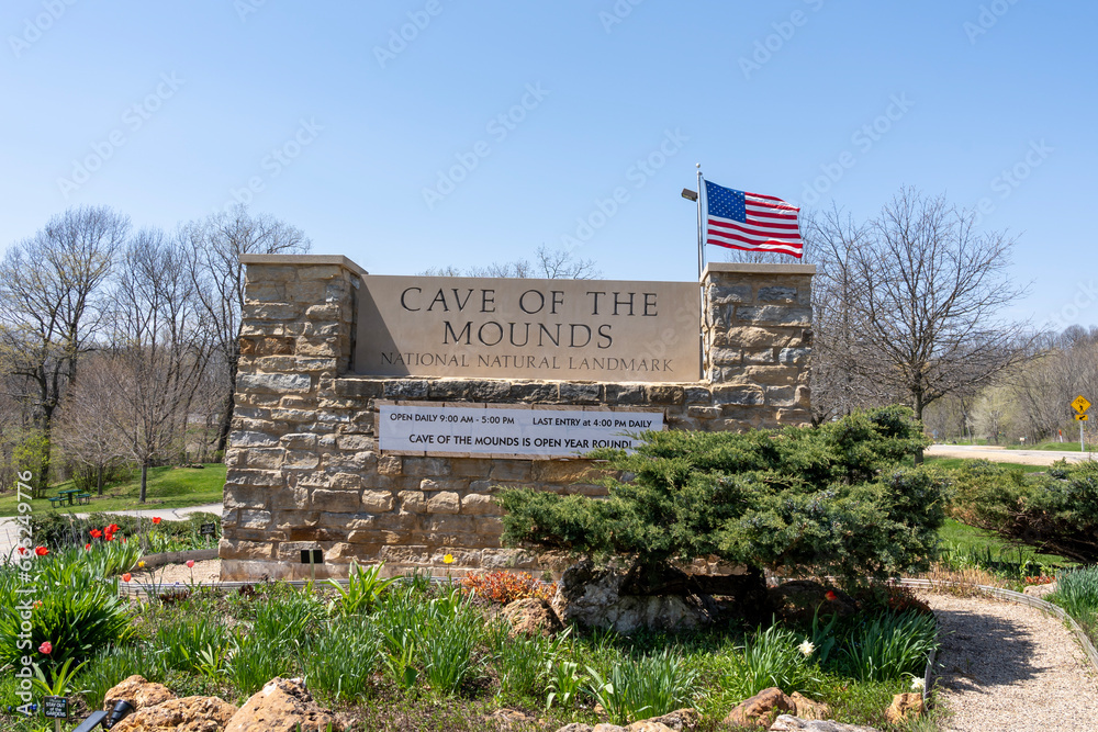 The sign of Cave of the Mounds, a National Natural Landmark is shown ...