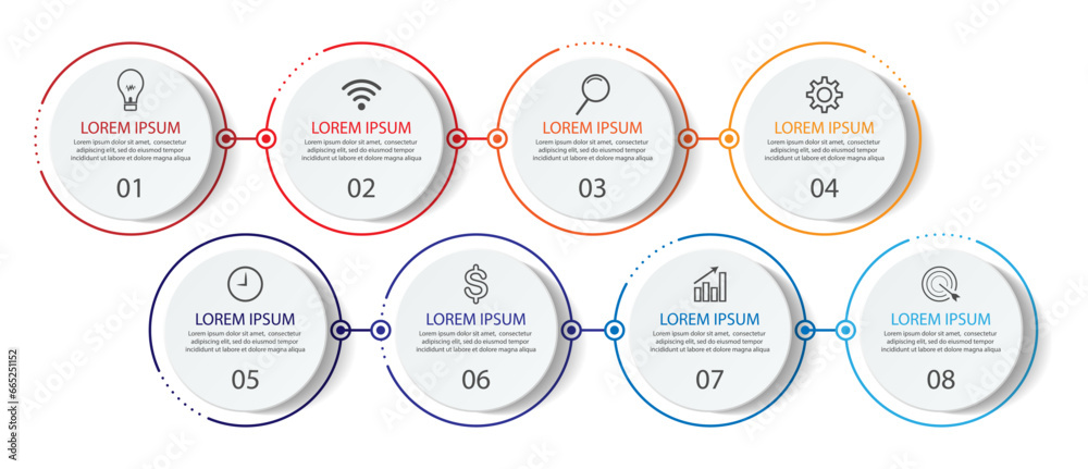 eight step infographic design, simple infographic design, lines, colors ...