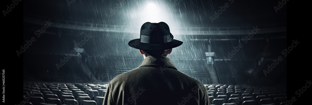 Spy in a hat and raincoat in dark stadium with spotlight Stock Photo ...