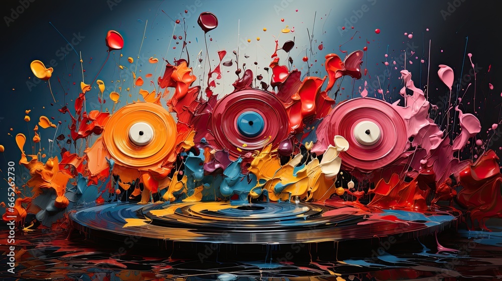 Dynamic portrayal of vinyl records immersed in a vibrant splash of ...