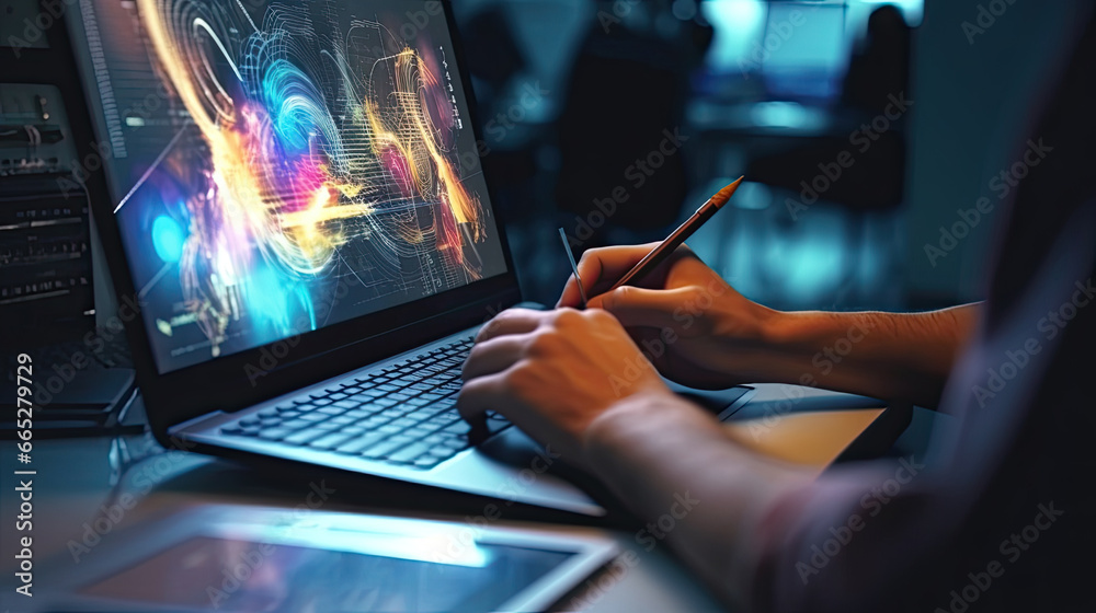 Graphic designer work on computer with graphic drawing pen while ...