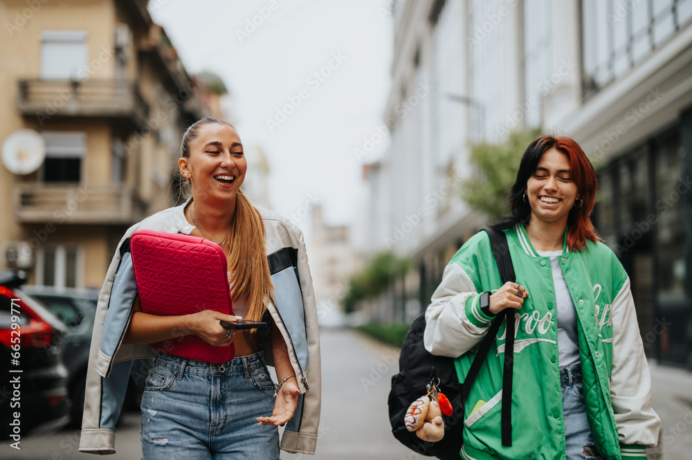 Smiling High School Girls Studying Outdoors, Discussing School Subjects ...