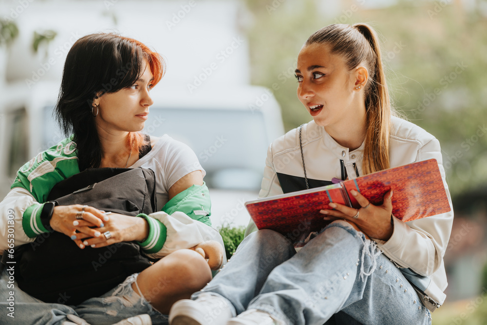 Casually dressed high school girls studying outdoors after classes ...