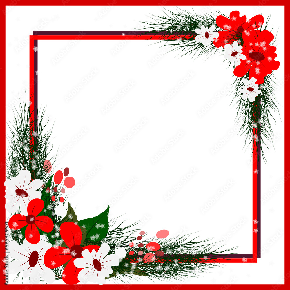 Winter Flower Frame with snowflake, snowfall and leaves pine . Square ...
