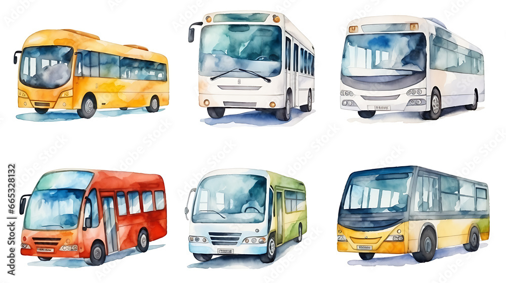 Watercolor Set of bus transport elements collection clipart . generative ai Stock Illustration ...