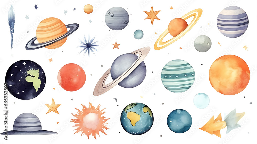 Watercolor Set of astronaut space planet and rocket elements collection ...