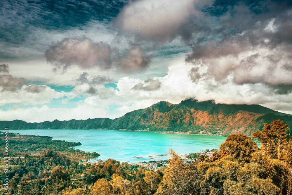 Nature landscape tropical island Bali with active volcano. Batur ...