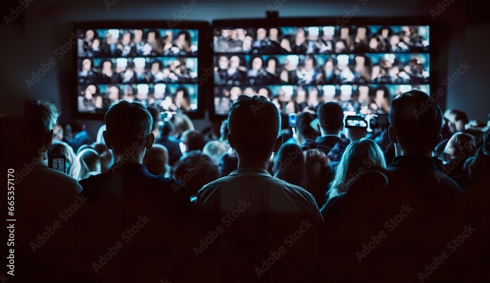 People crowd watching TV. TV addiction, propaganda and fake news ...