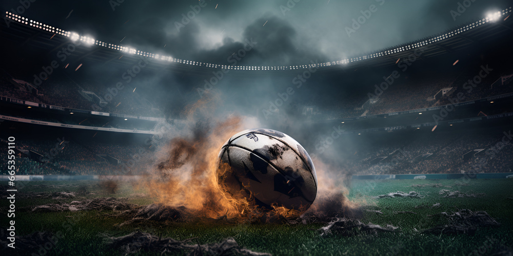 Soccer ball on dark stadium background on grasses Playing soccer on ...