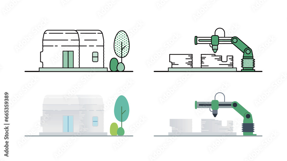 building 3D printed small houses with machine illustrations set Stock ...