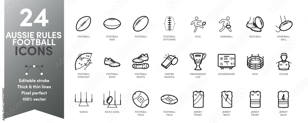 Aussie Rules Football Icon Set. Editable stroke with thick and thin ...
