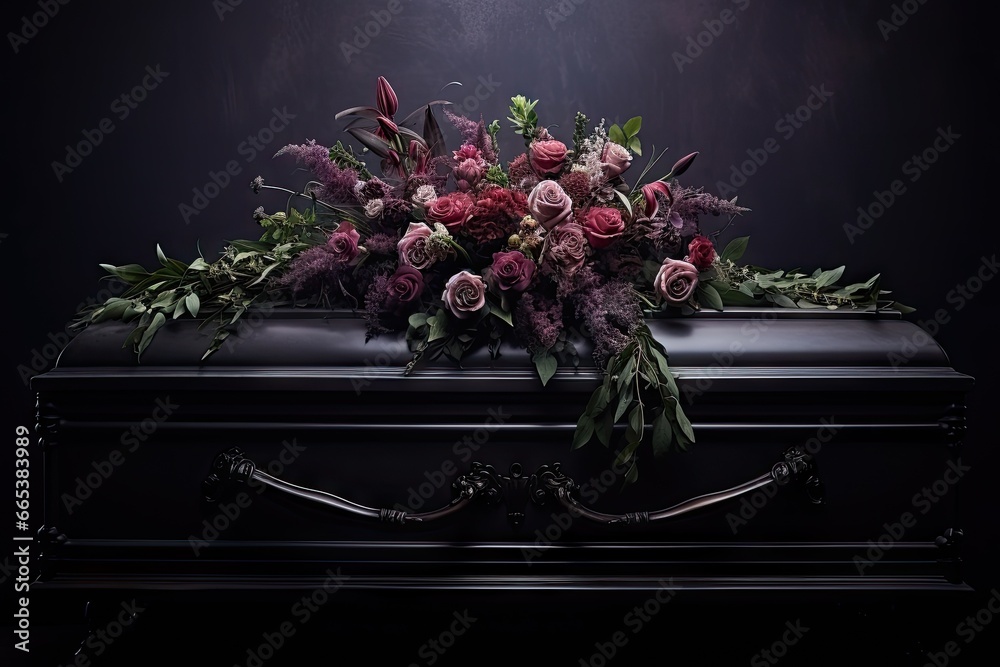 Eternal farewell. Funeral scene with casket and flowers. Mourning in ...